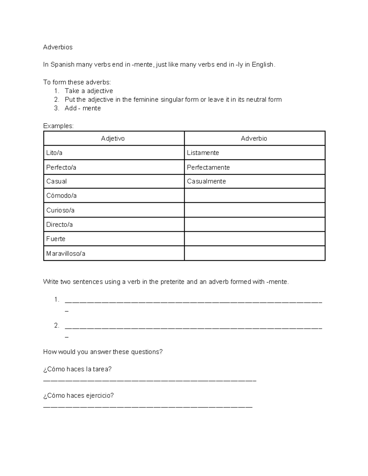 Adverbios - spanish worksheet - Adverbios In Spanish many verbs end in ...