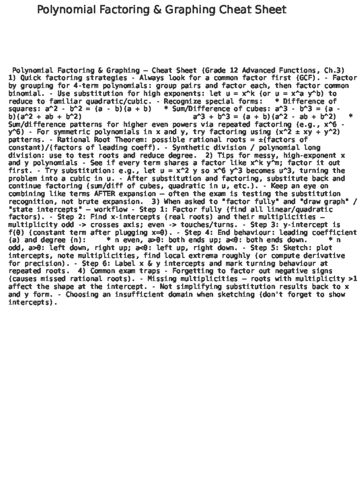 Polynomial Factoring & Graphing Cheat Sheet (Grade 12 Adv. Functions ...