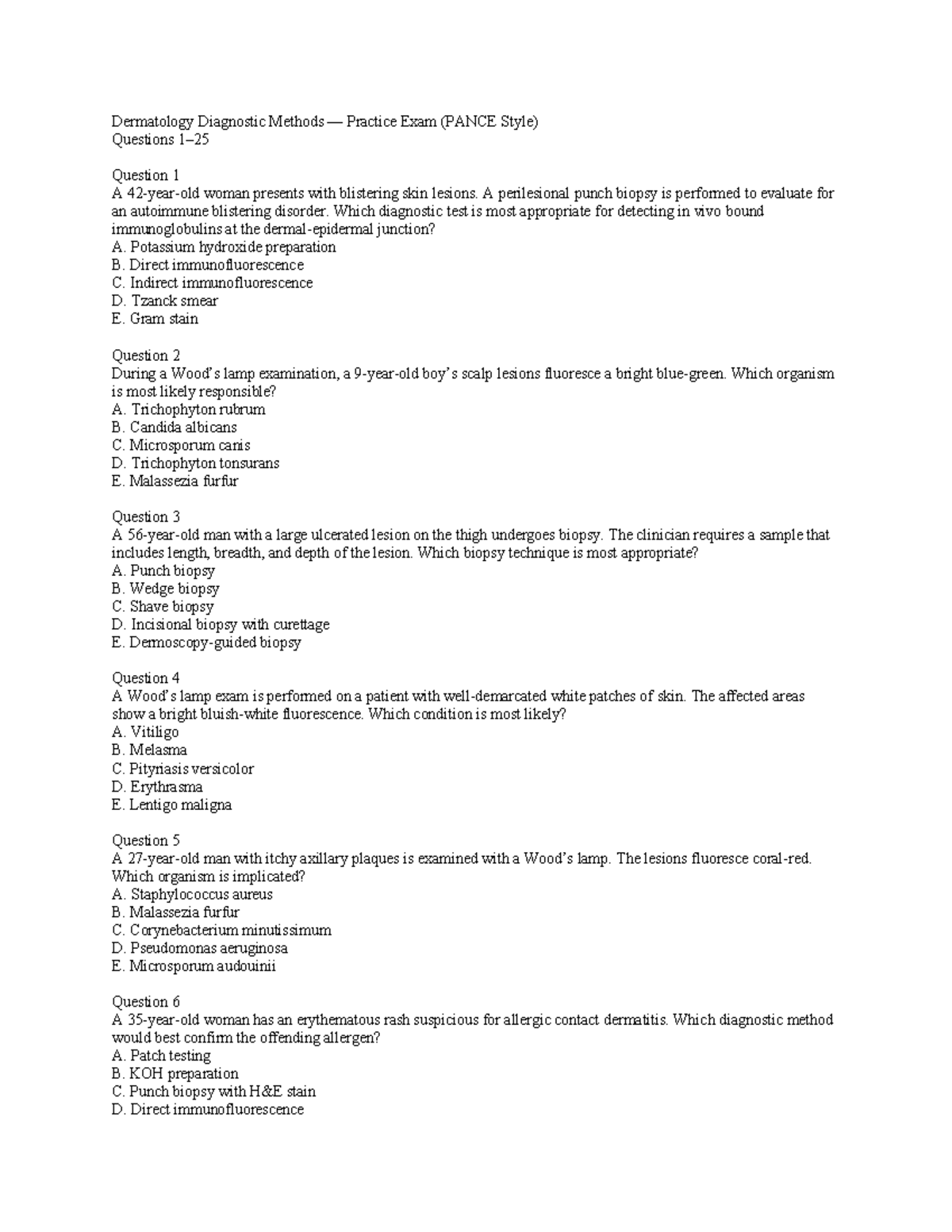 Dermatology Diagnostic Methods Practice Exam (PANCE Style) - Studocu
