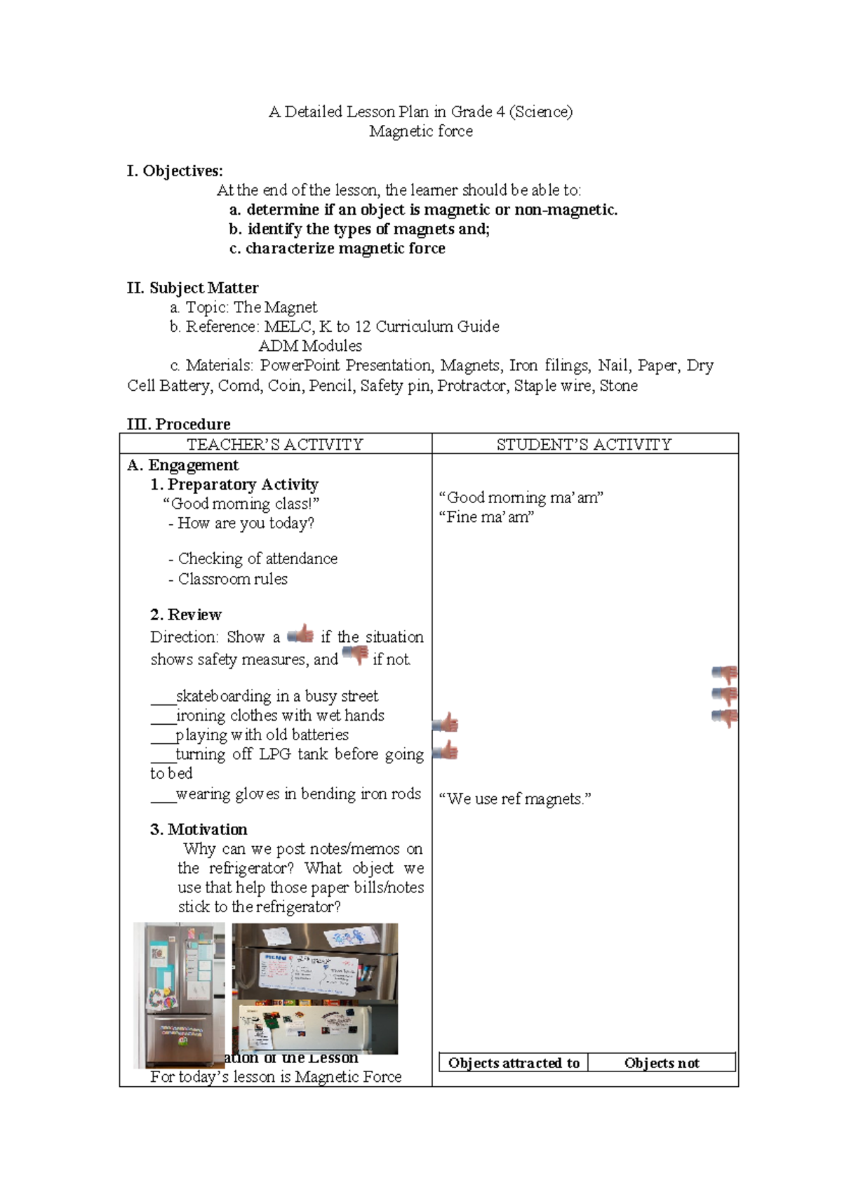 Grade 4 Science Lesson Plan: Understanding Magnetic Force - Studocu