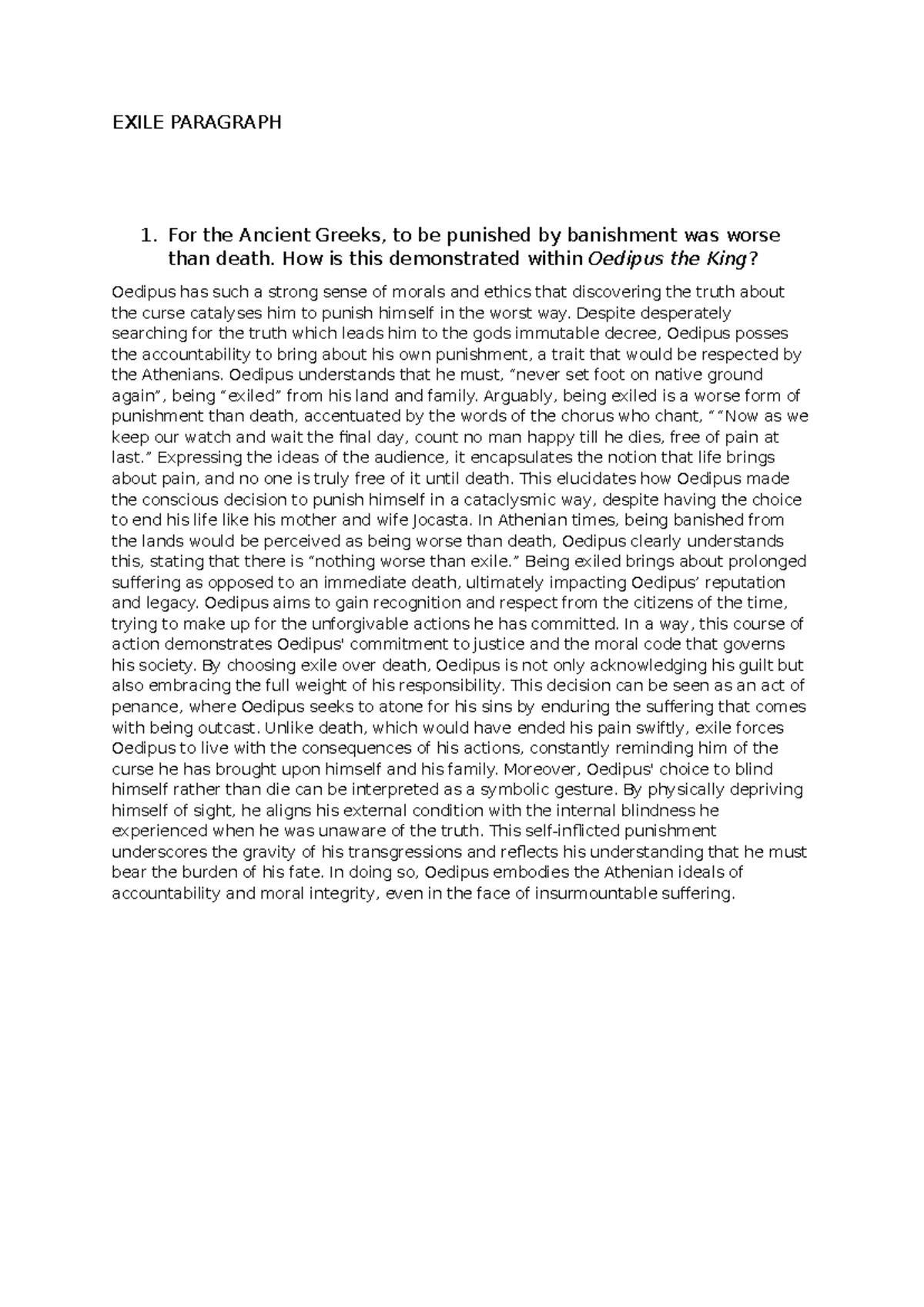 Oedipus The King - Exile Analysis Paragraph - Studocu