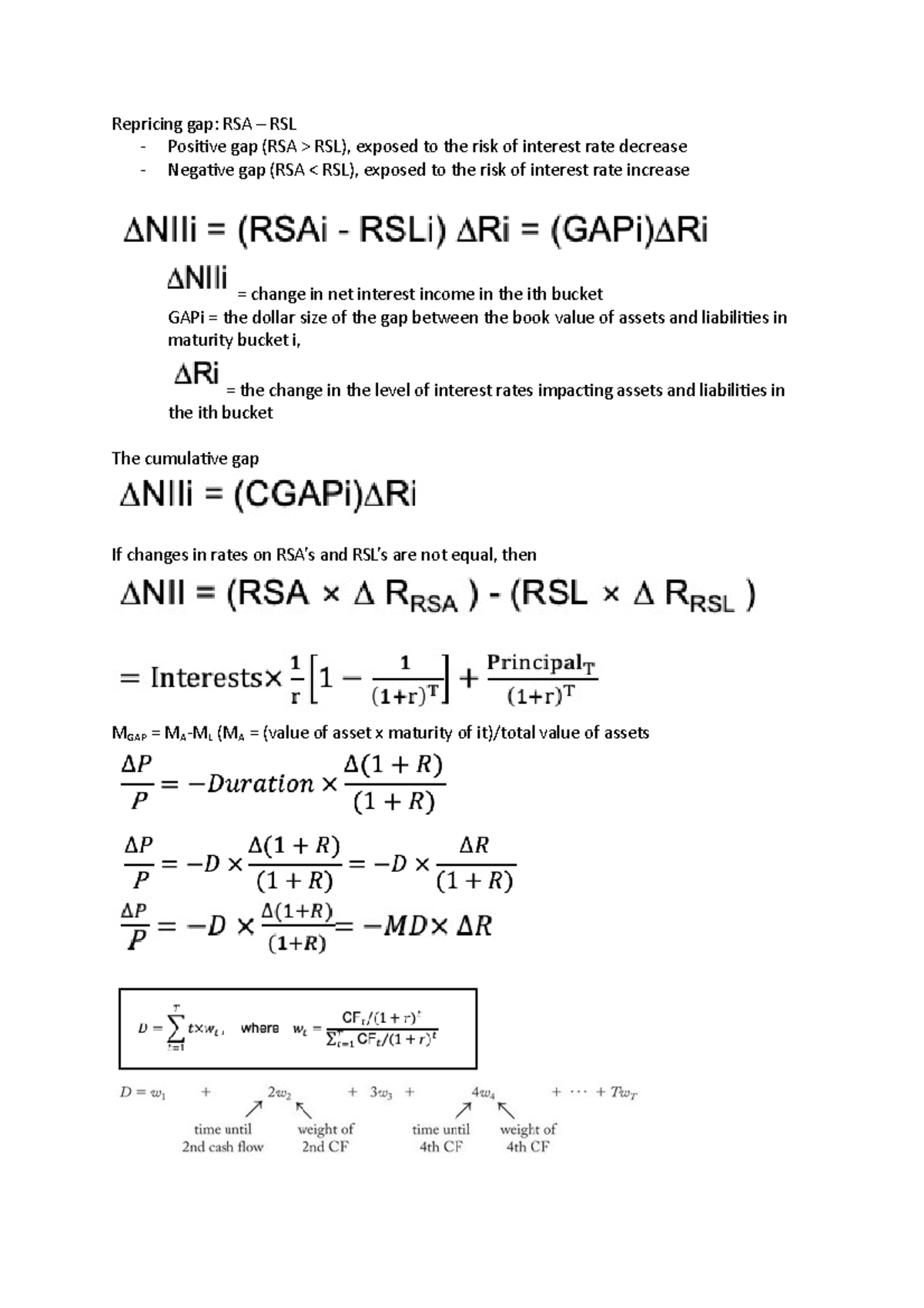 Bank formulas for exam - Repricing gap: RSA – RSL - Positive gap (RSA ...