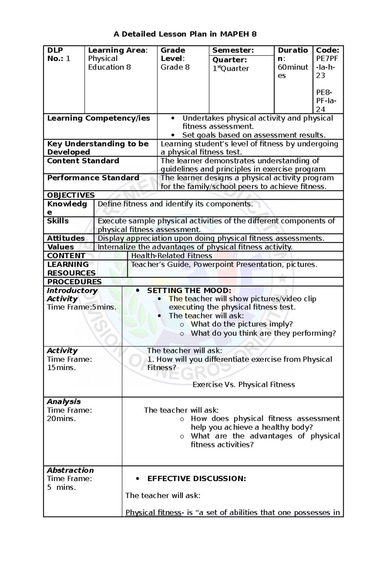 PE8 Q1 DLP1 - Detailed Lesson Plan on Physical Education - Studocu