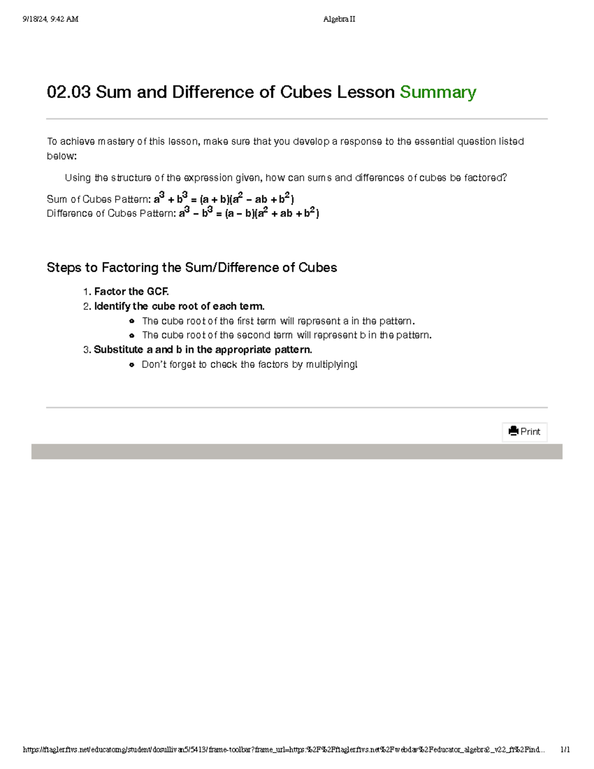 Algebra II 02.03 Lesson Summary: Sum and Difference of Cubes - Studocu