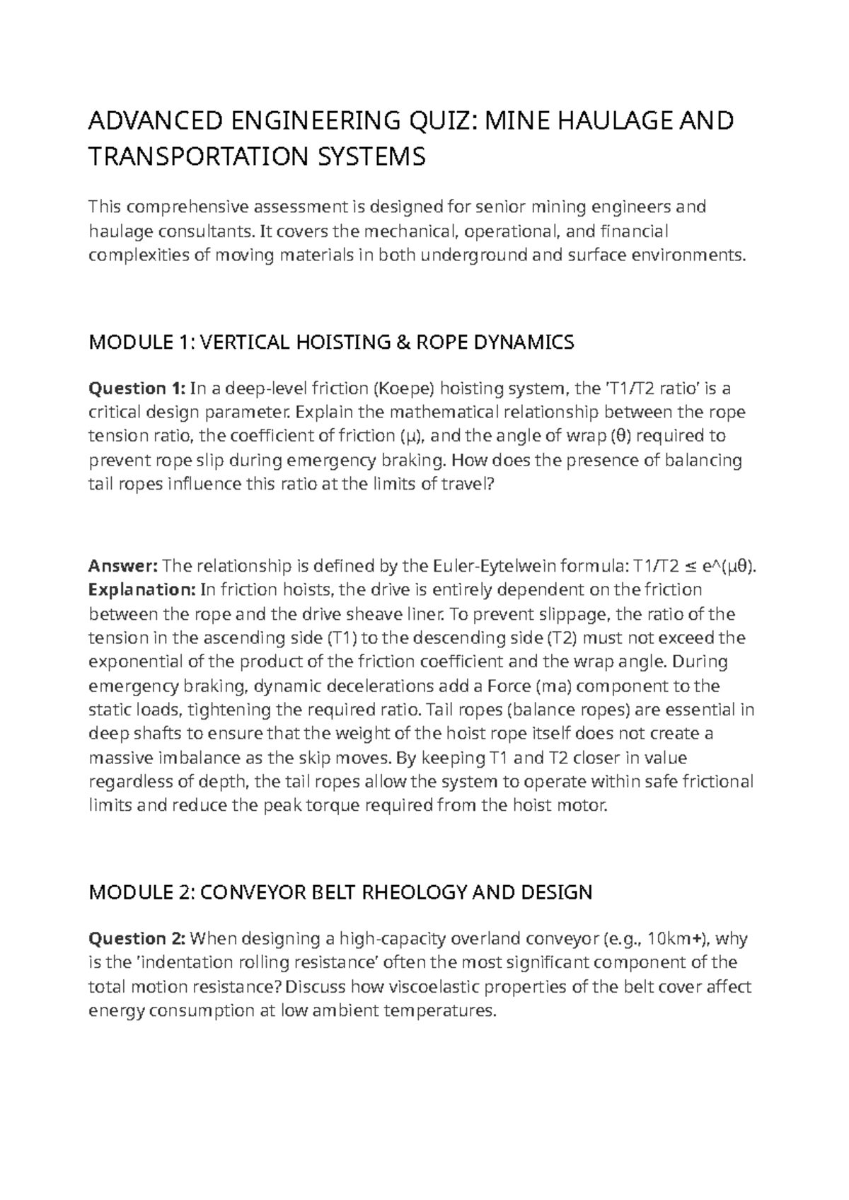 ADVANCED ENGINEERING QUIZ: MINE HAULAGE & TRANSPORT SYSTEMS - Studocu