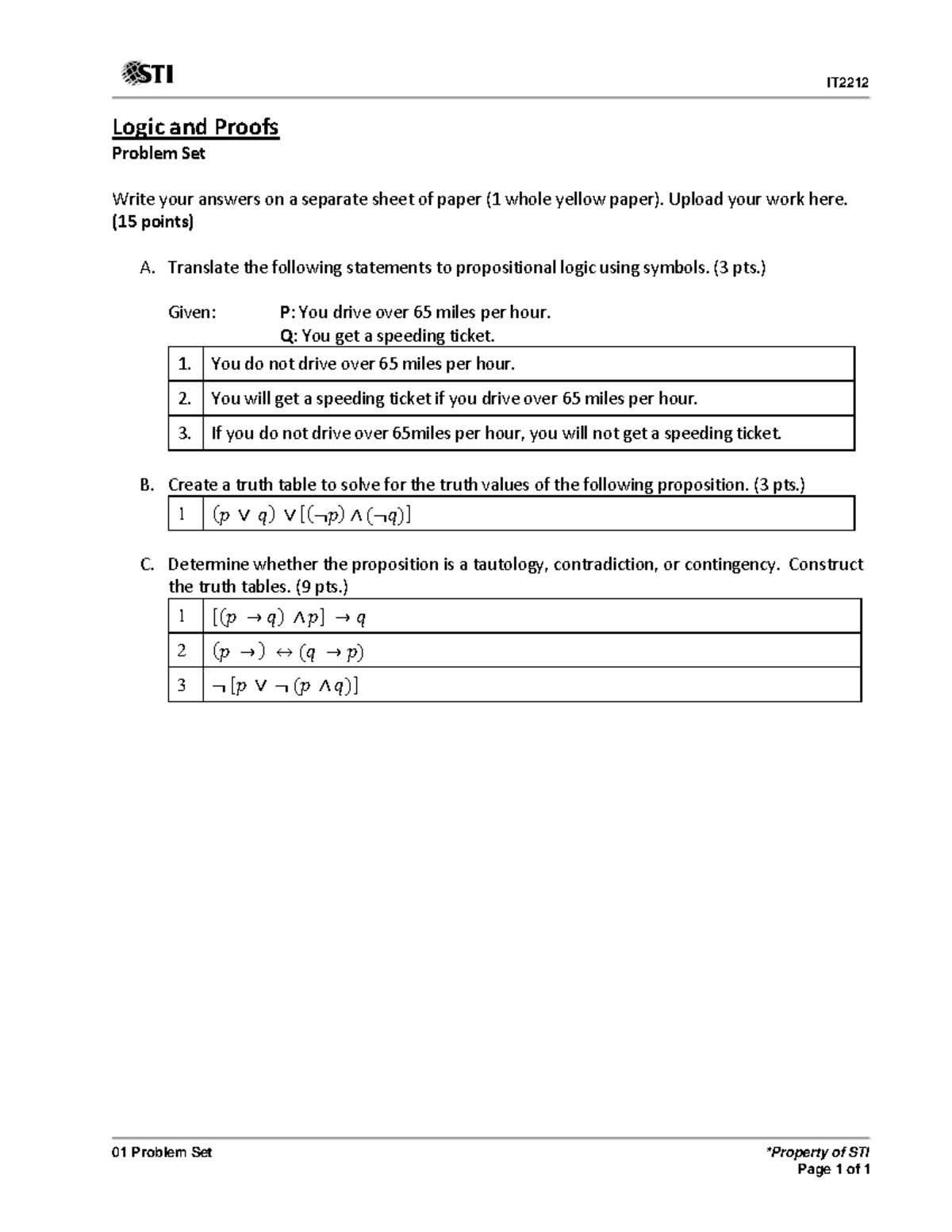 IT Logic & Proofs Problem Set: Practice Problems & Solutions - Studocu