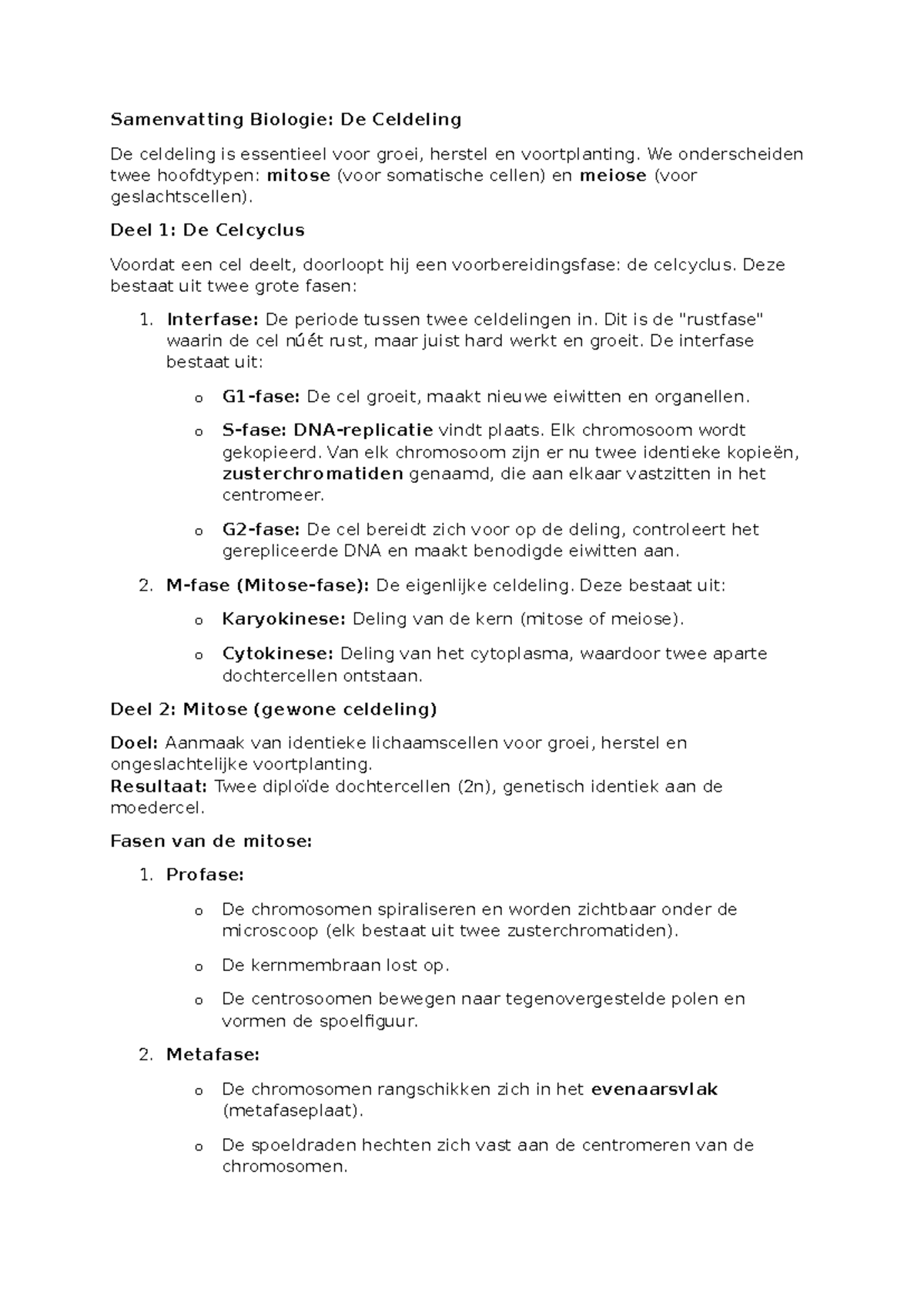 Samenvatting Biologie: Celdeling en Celcyclus - Studocu
