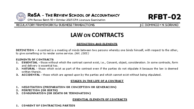 RFBT-02 (Contracts) - Comprehensive Notes on Law of Contracts - Studocu
