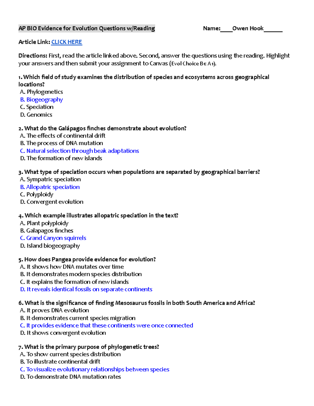 Copy of AP BIO Evidence for Evolution Questions with Reading Link RAN25 ...
