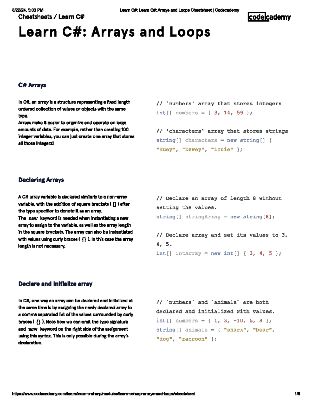 C# Arrays and Loops Cheatsheet: Key Concepts and Examples - Studocu