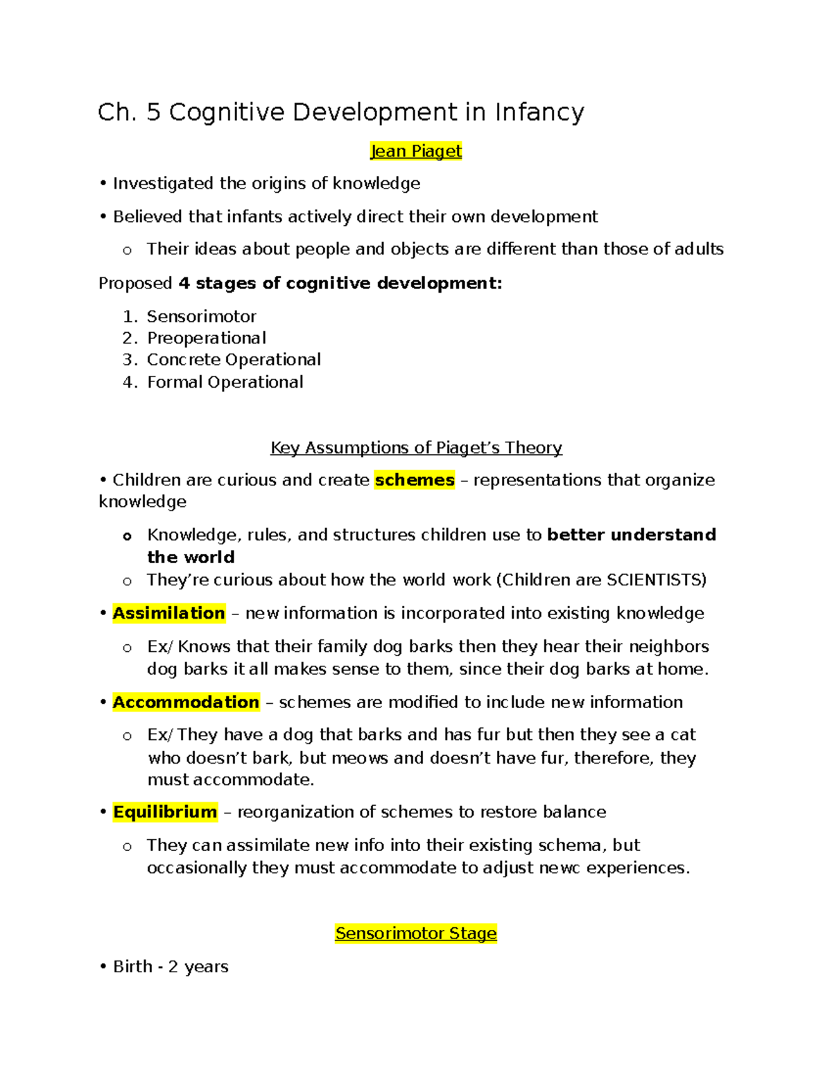 Cognitive Development in Infancy: Piaget's Theories (Ch. 5) - Studocu