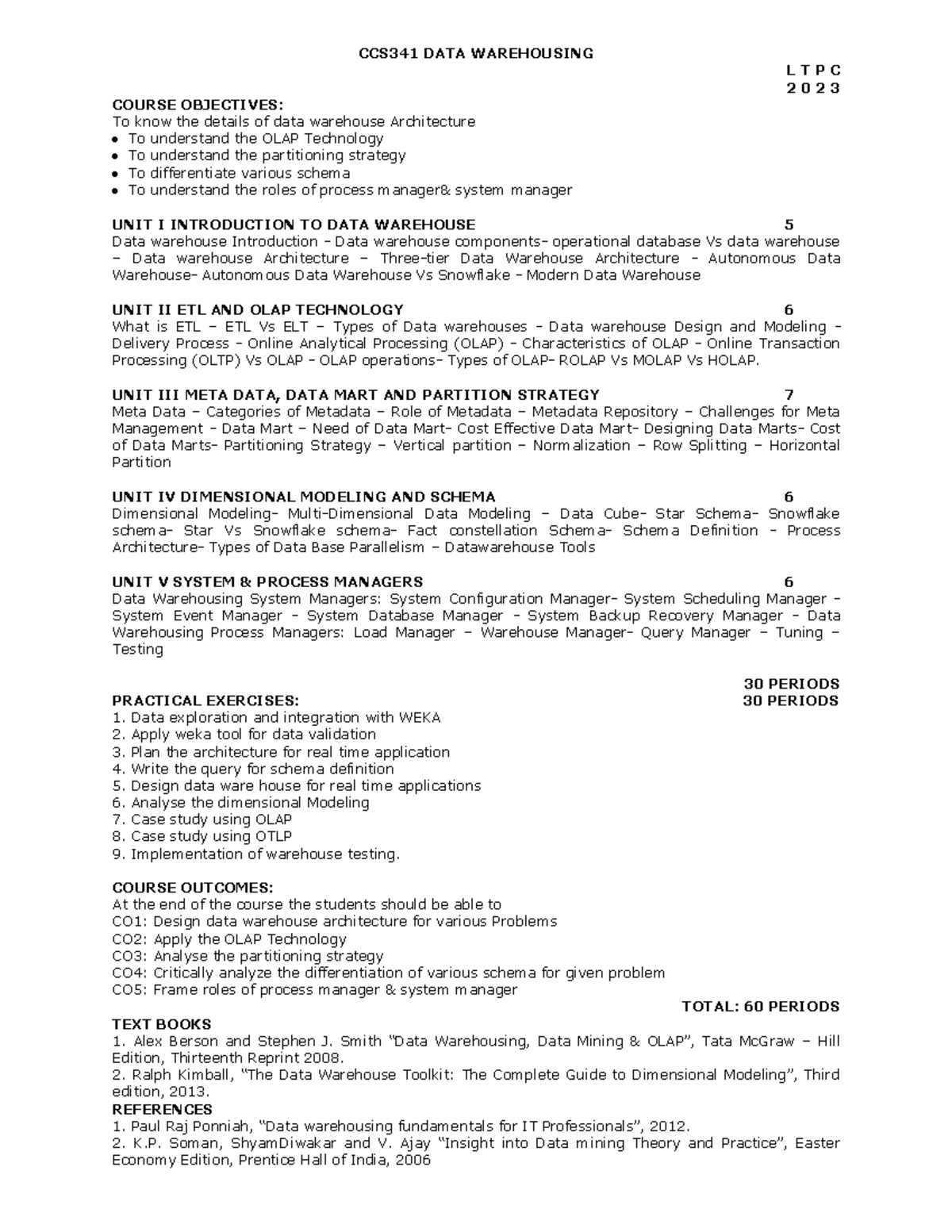 CCS341 Data Warehousing Course Syllabus and Objectives - Studocu