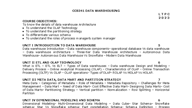 CCS341 Data Warehousing Course Syllabus and Objectives - Studocu
