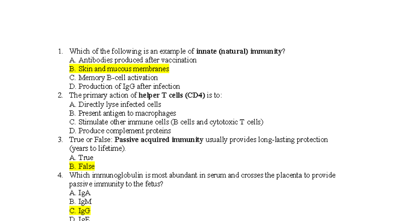 Immune System Practice Questions (Course Code: IMM101) - Studocu