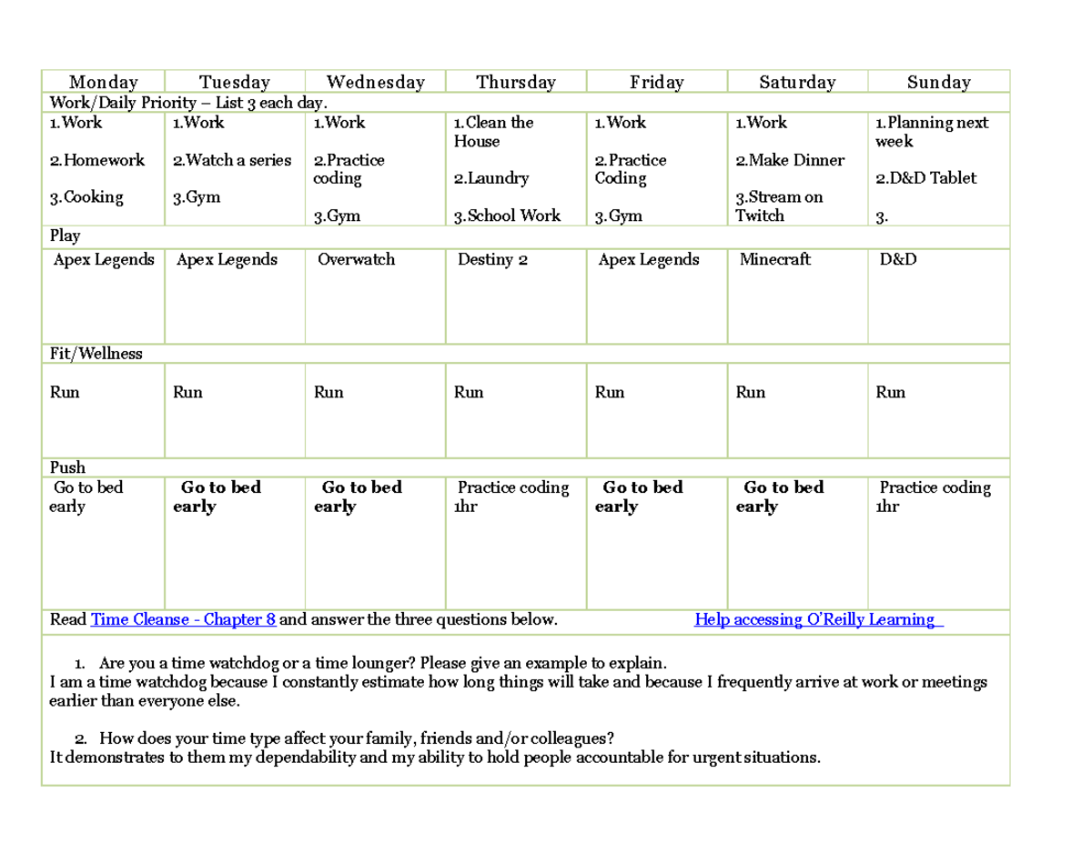Weekly Plan - Cla - Monday Tuesday Wednesday Thursday Friday Saturday ...