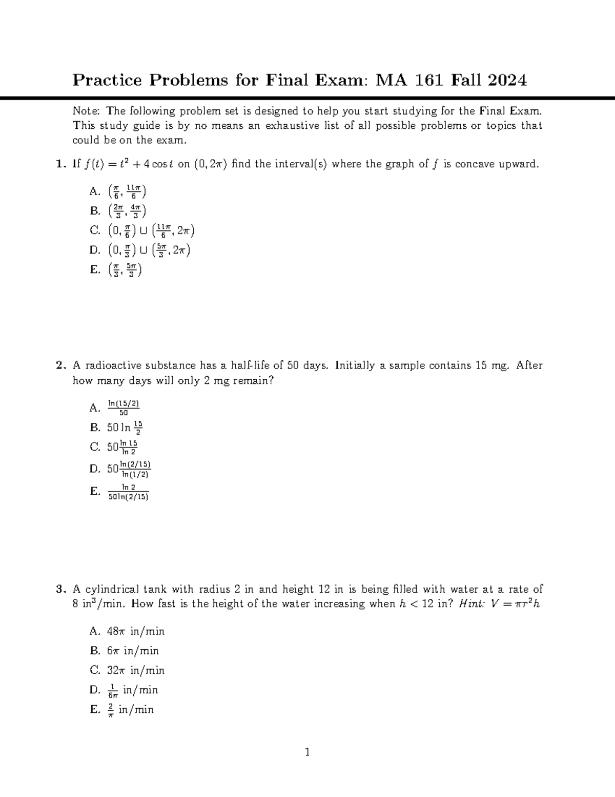 MA161 F24 Final Exam: Practice Problems & Solutions - Studocu