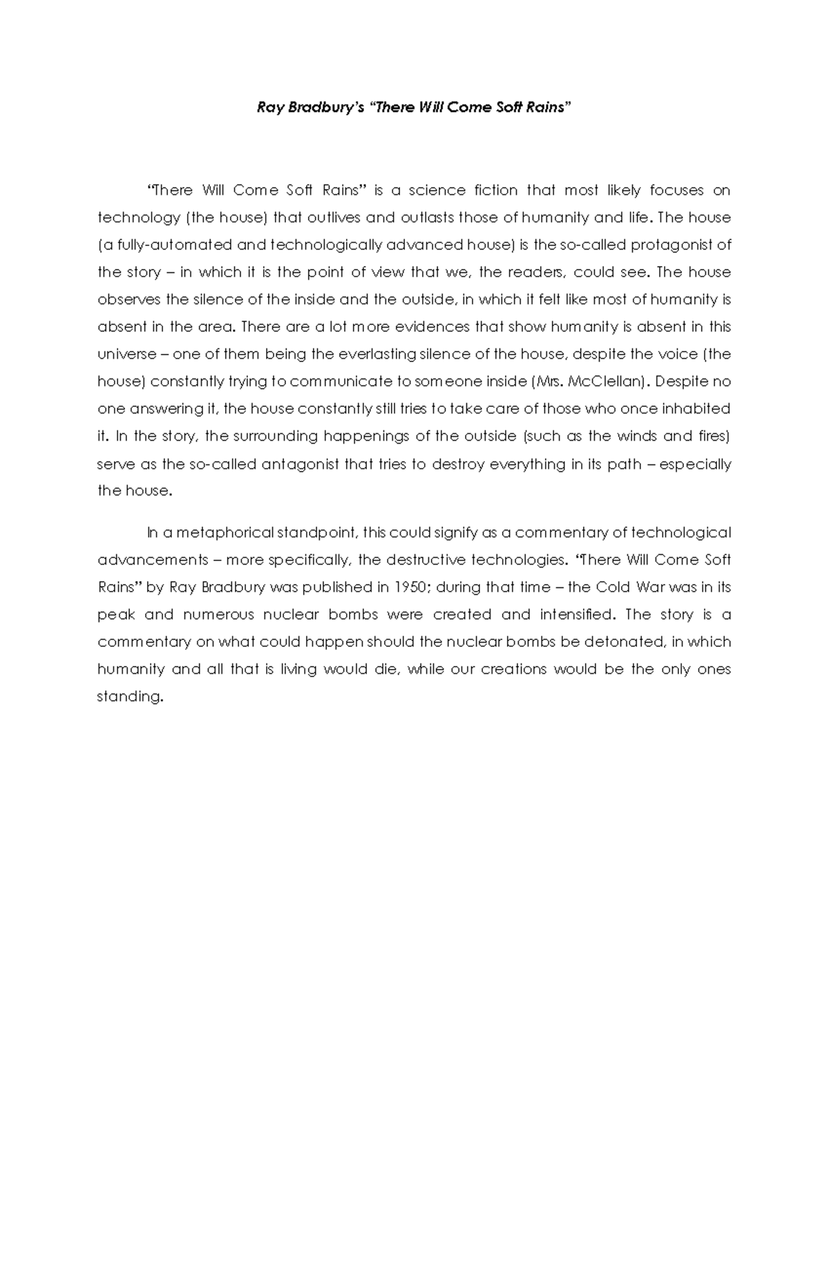 ENG 101: There Will Come Soft Rains Literary Analysis - Studocu