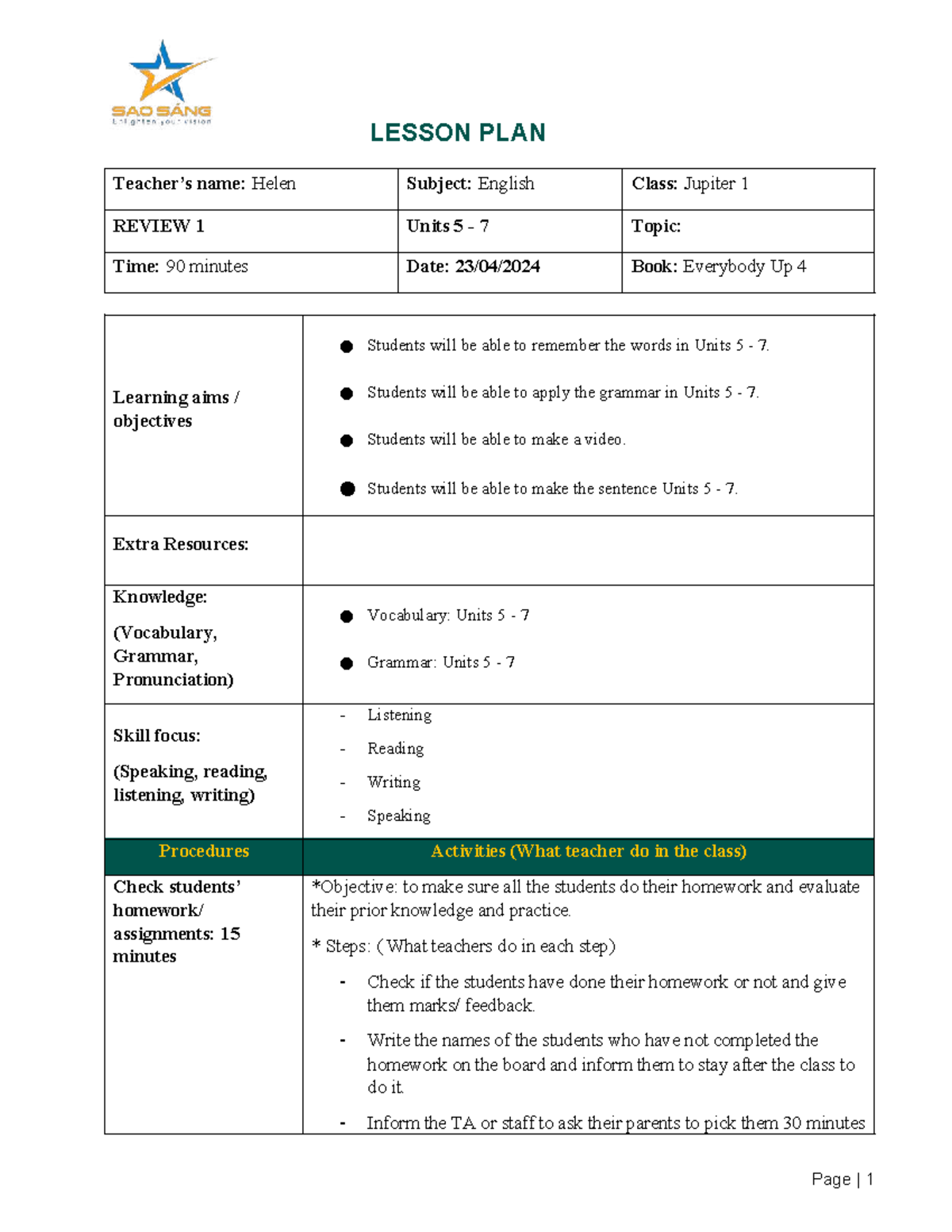 Jupiter 1 - English Lesson Plan: Review Units 5 & 7 - Studocu