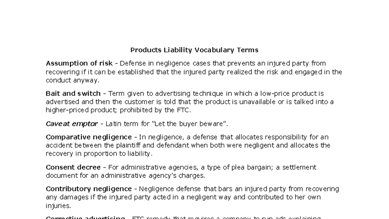 Products Liability Vocabulary Terms Overview (LAW 101) - Studocu