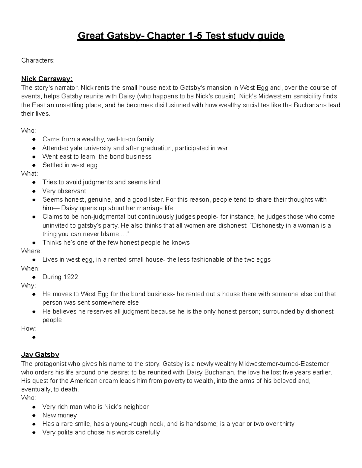 The Great Gatsby - Chapters 1-5 Study Guide & Character Analysis - Studocu