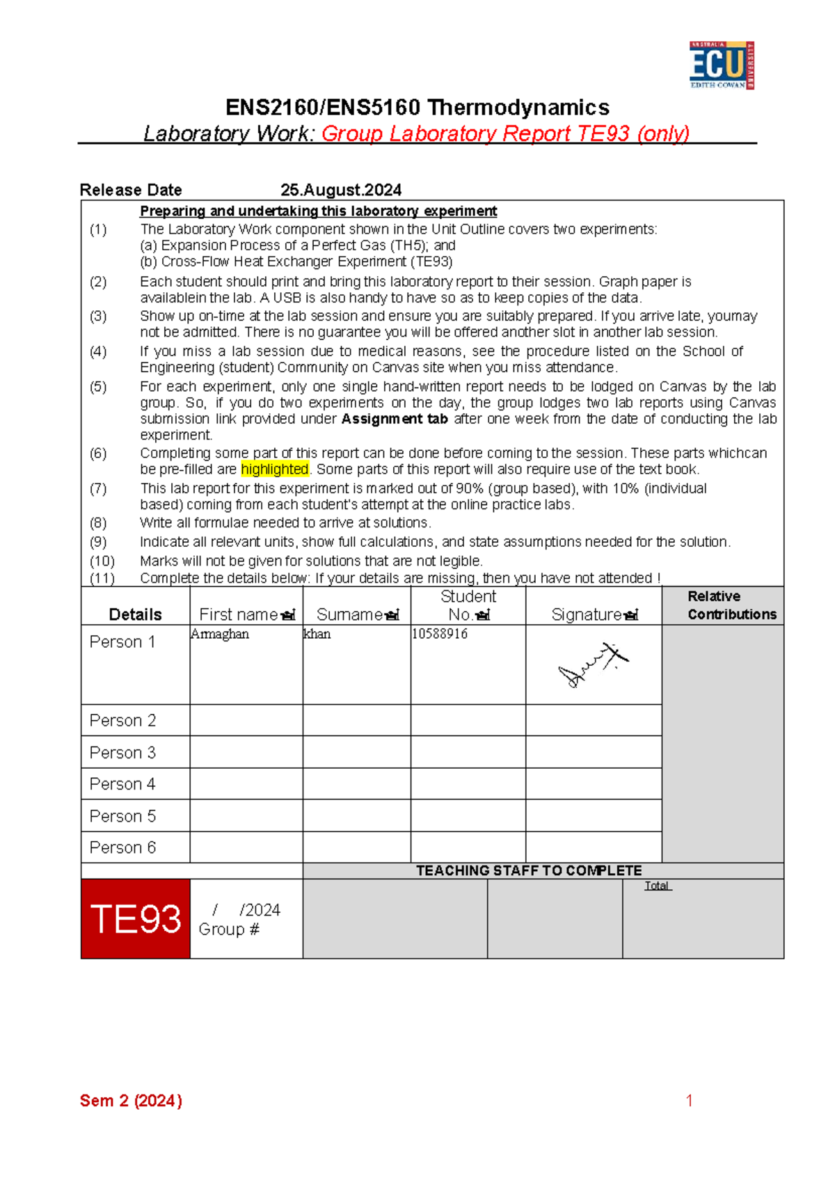 Laboratory Report TE93: Thermodynamics Experiments Overview for Group ...