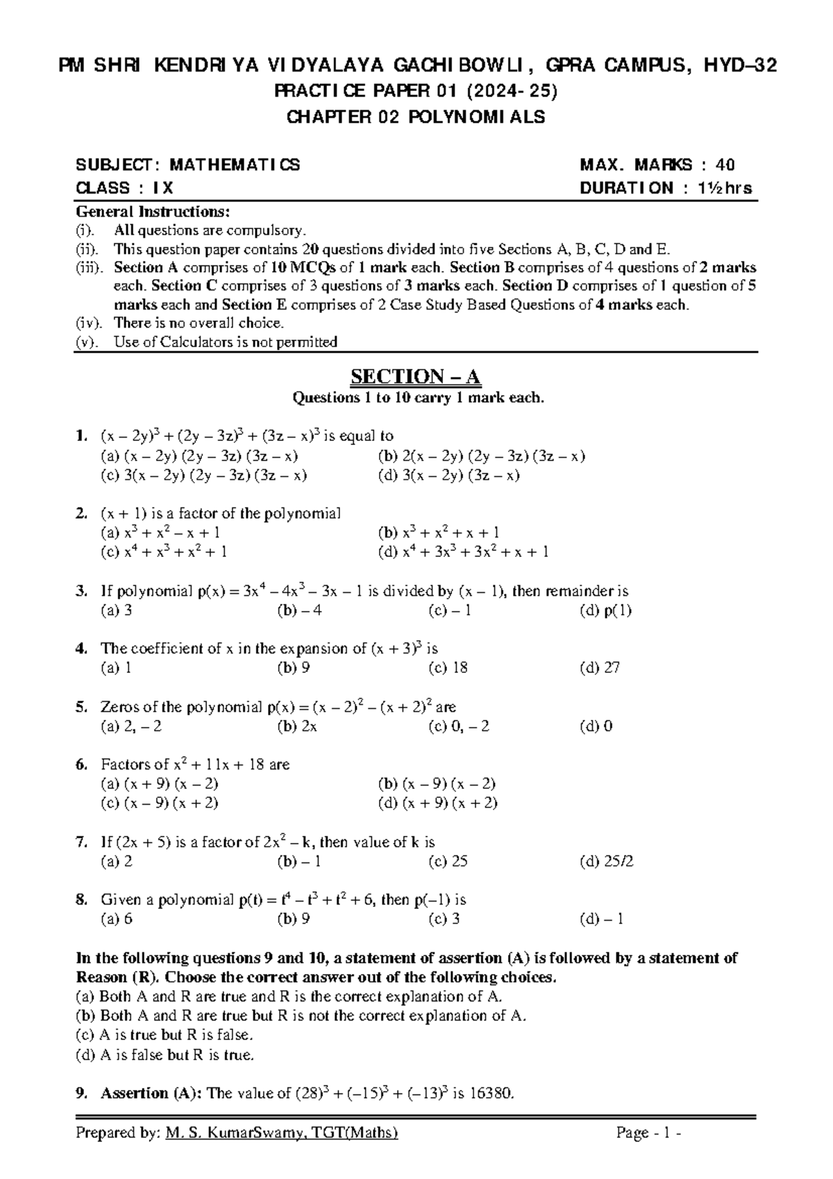 Maths IX Chapter 02 Polynomials Practice Paper 01 (2024-25) - Studocu
