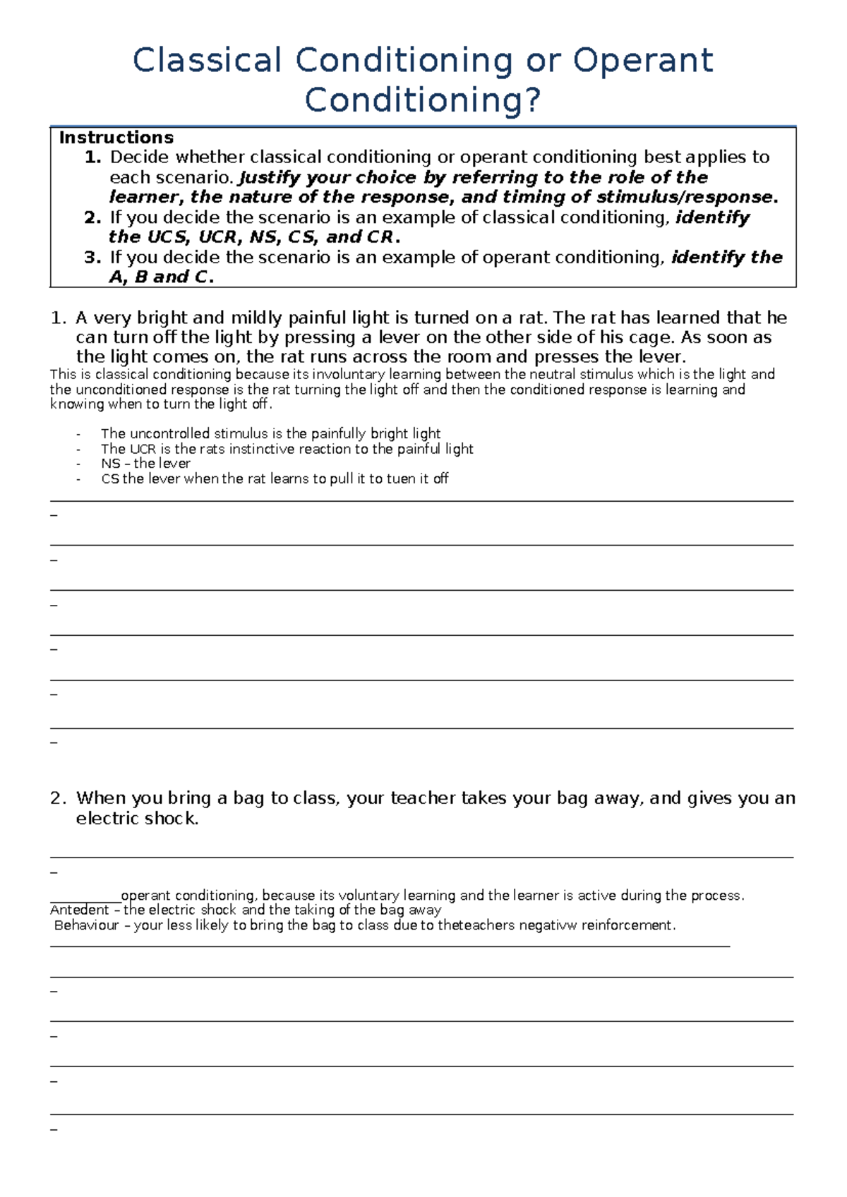 Classical vs Operant Conditioning Scenarios Analysis - Studocu