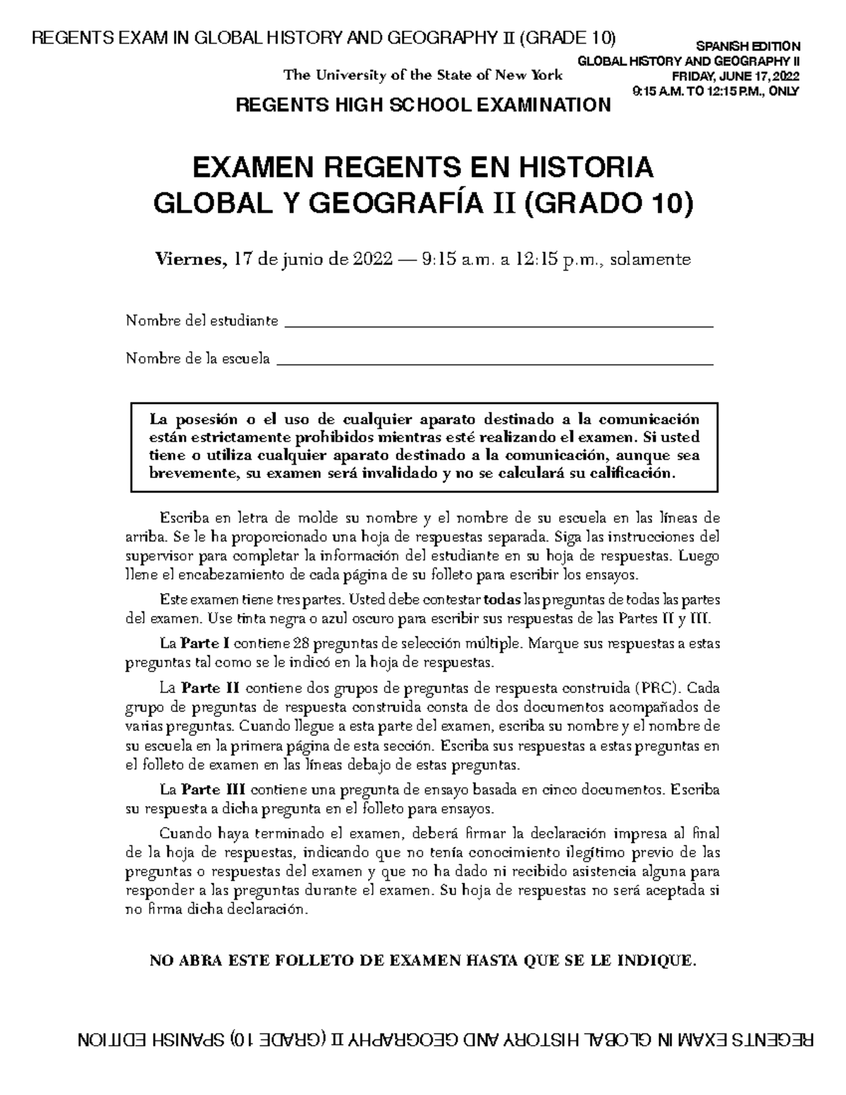 REGENTS EXAM IN GLOBAL HISTORY AND GEOGRAPHY II (GRADE 10) - SPANISH ...
