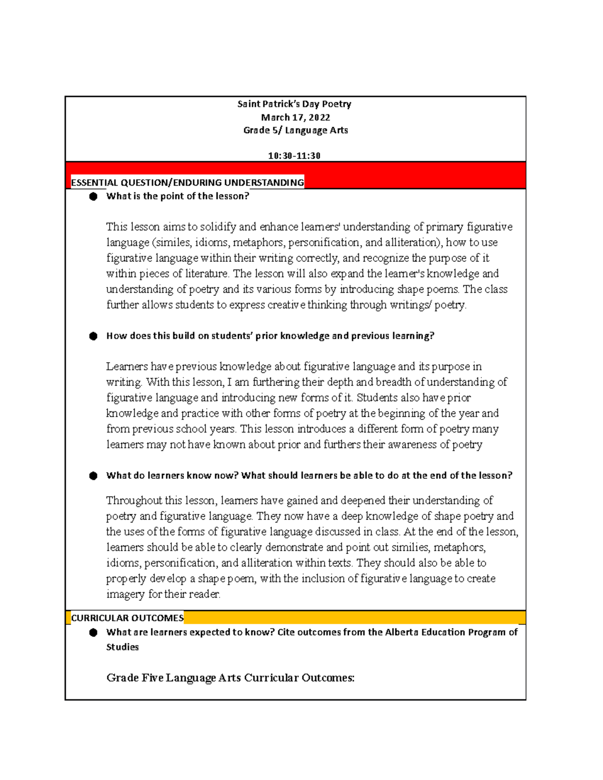 Lesson Plan: Grade 5 Language Arts - Figurative Language & Poetry - Studocu