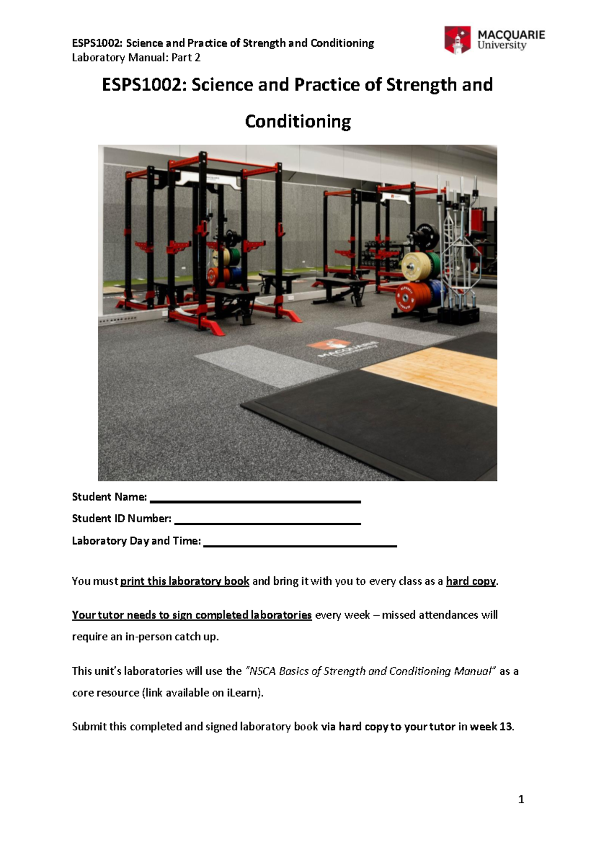 ESPS1002: Strength and Conditioning Lab Manual - Part 2 Overview - Studocu