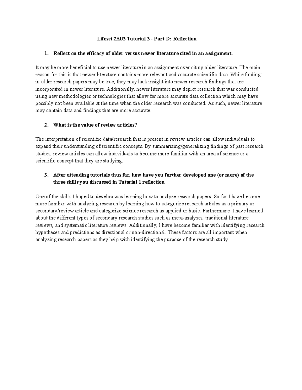 Lifesci 2A03 Tutorial 3 Reflection on Literature Efficacy - Studocu