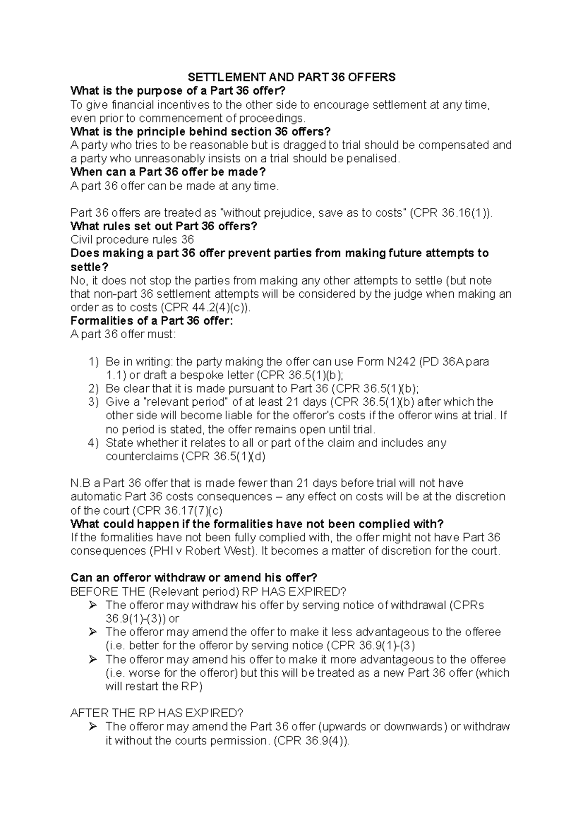 Part 36 Offers: Guidance, Rules, and Consequences Explained - Studocu