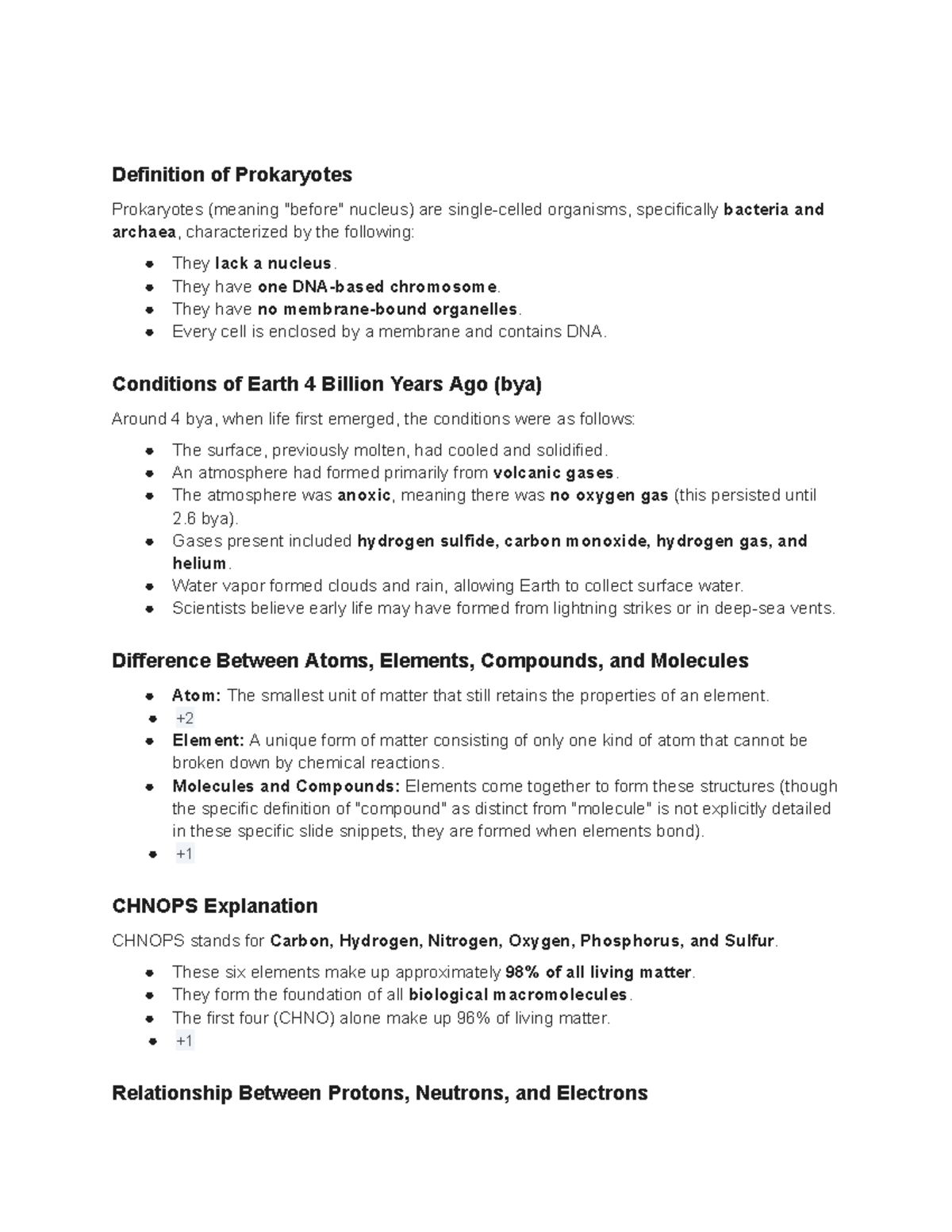 Bio 170 Study Notes: Prokaryotes, CHNOPS, and Atomic Structure - Studocu