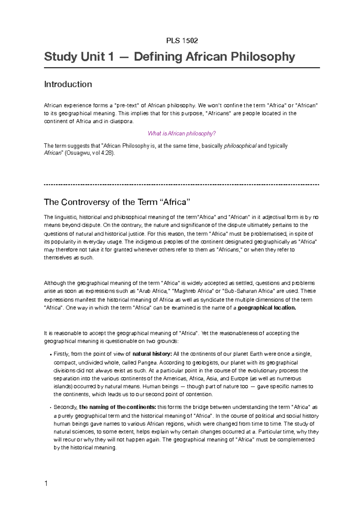 (1) Defining African Philosophy - Study Unit 1 — Defining African ...