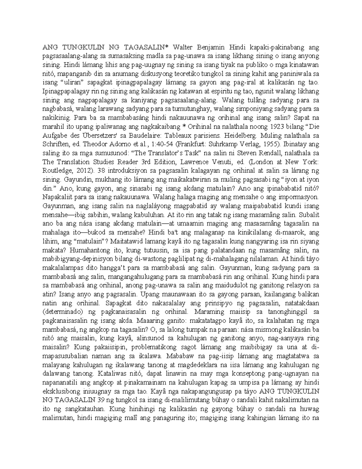 ANG TUNGKULIN NG TAGASALIN: Isang Pagsusuri sa Pagsasalin (COURSE CODE ...