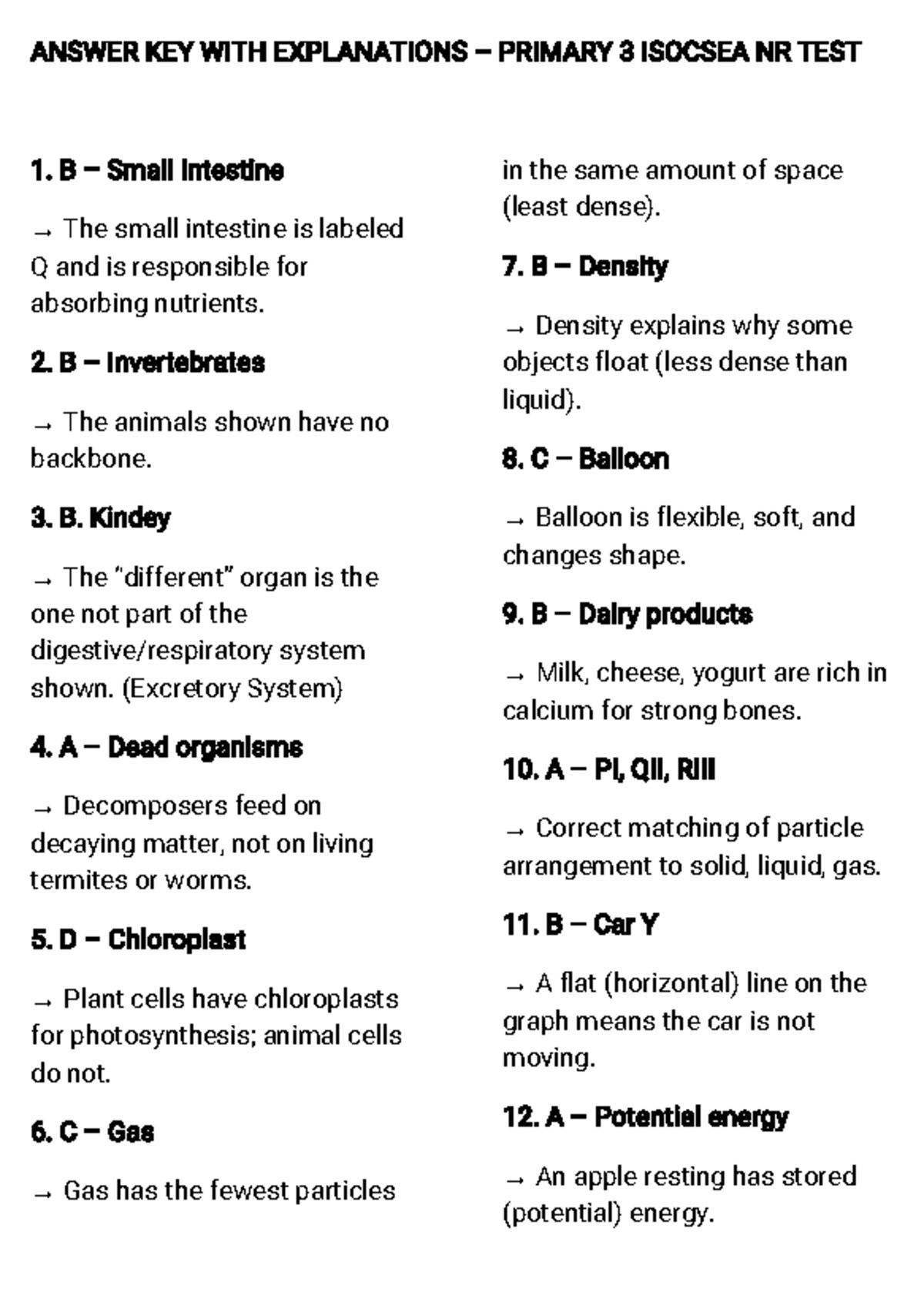 Isocsea 34 Primary 3 Test 1 Answer Key with Explanations - Studocu