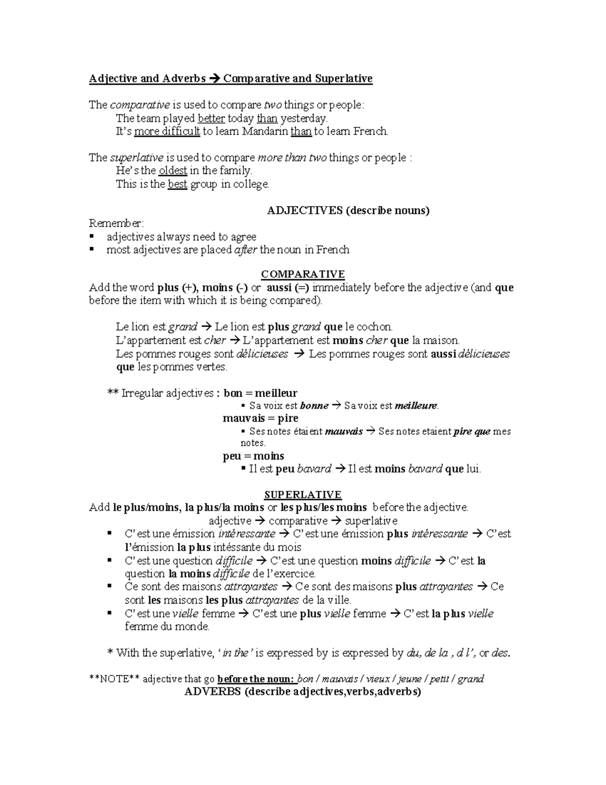 Adjectives and Adverbs: Comparative & Superlative Guide - Studocu