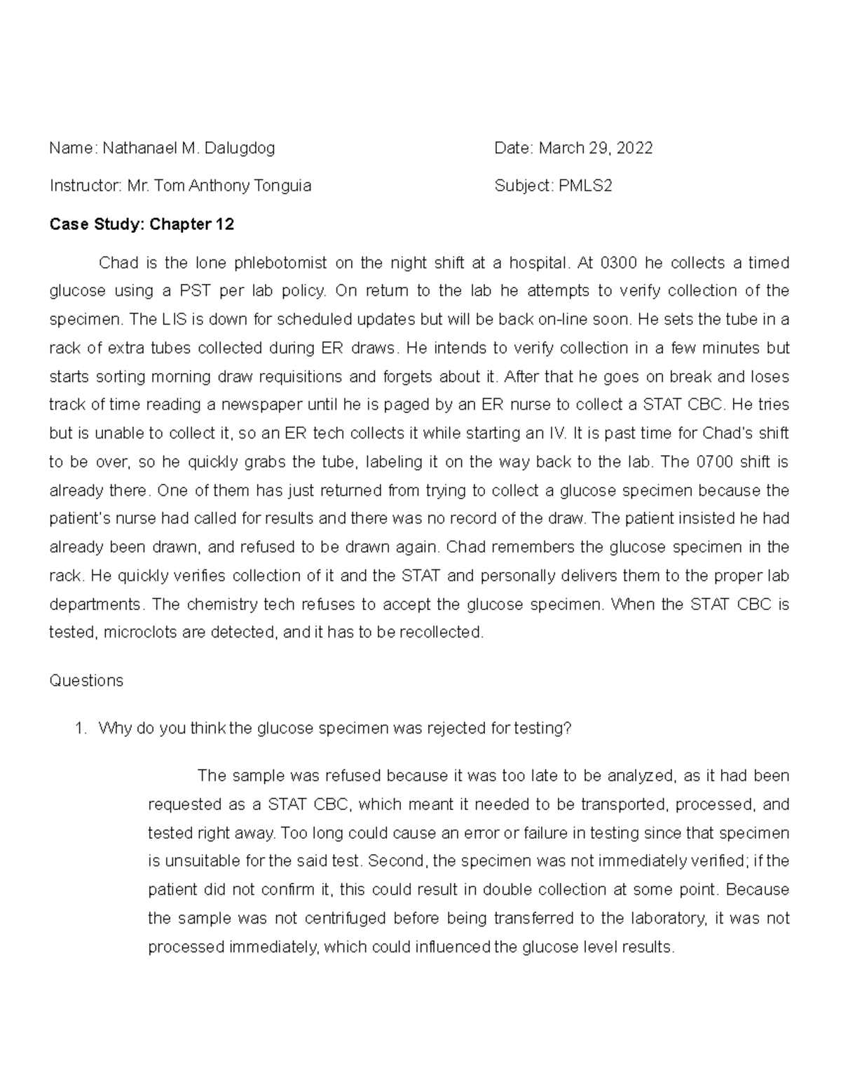 Case Study 12: Chad's Challenges in Medical Lab, PMLS2, MEDICAL LAB ...