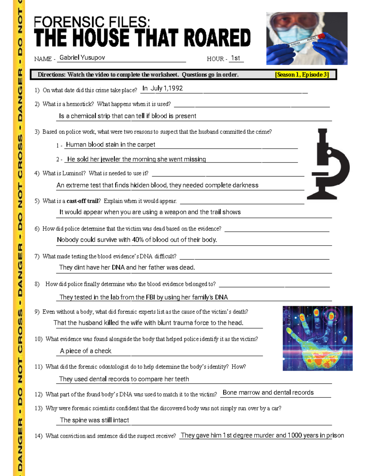 Forensic Analysis Worksheet: The House That Roared (S1E3) - Studocu
