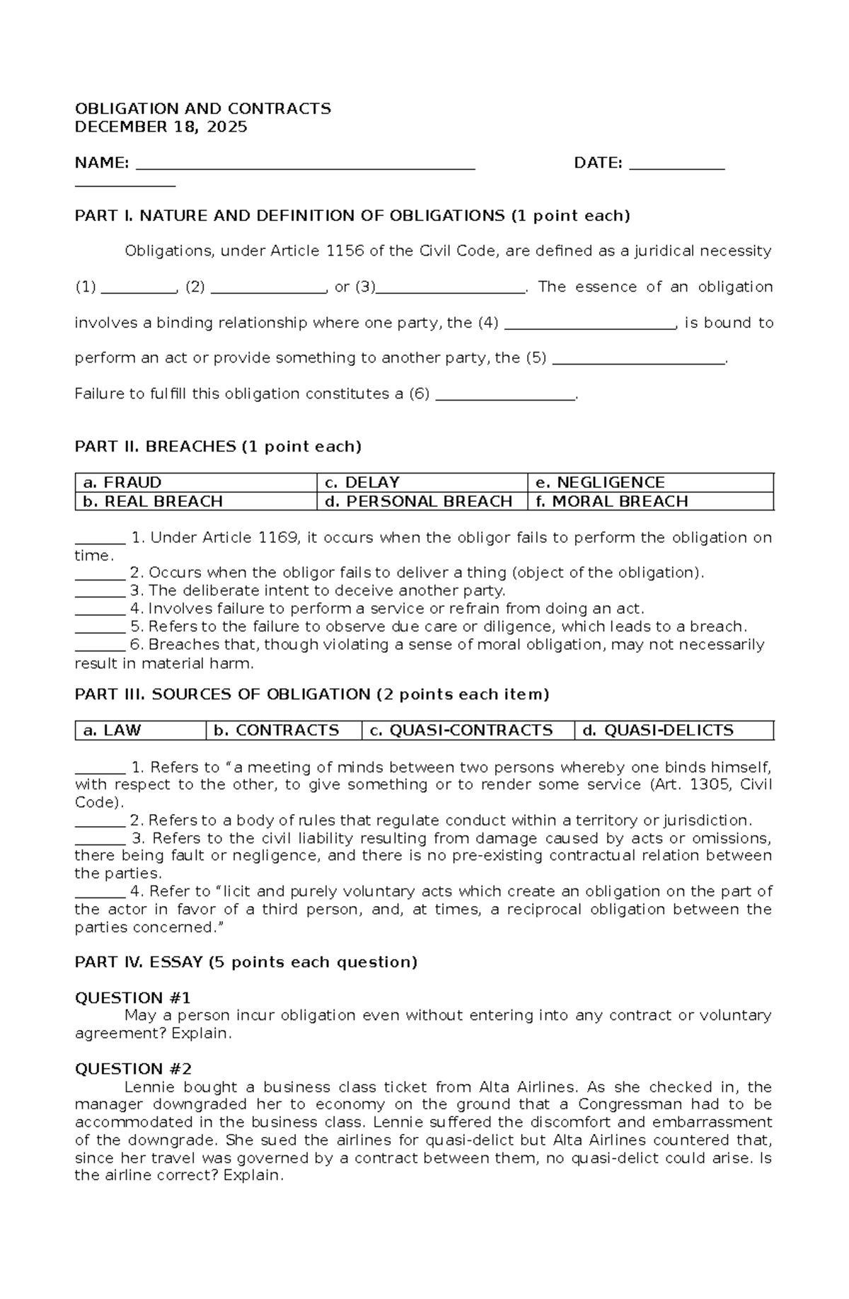 Obligation AND Contracts - OBLIGATION AND CONTRACTS DECEMBER 18, 2025 NAME: DATE: PART I. NATURE ...