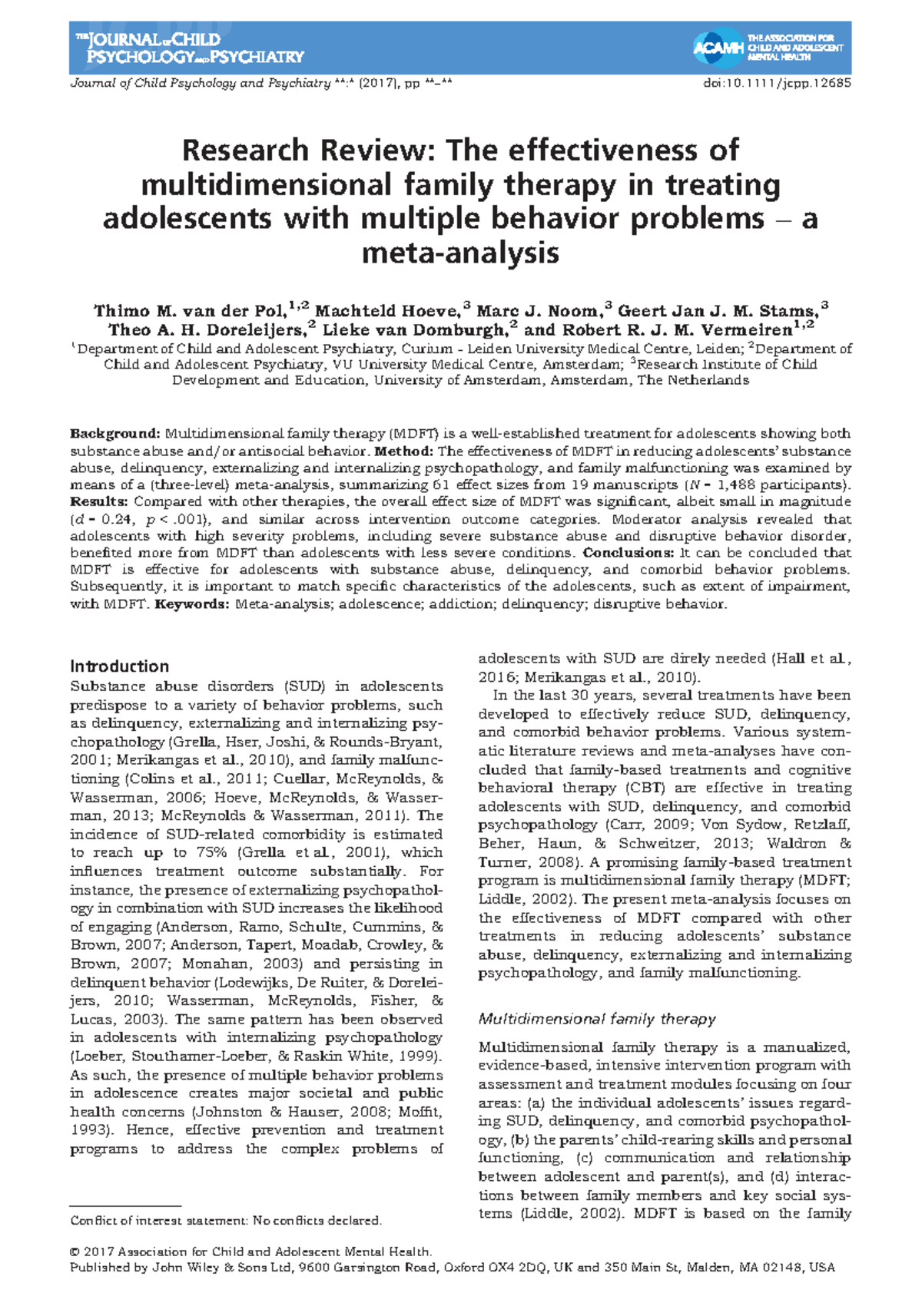 Effectiveness of Multidimensional Family Therapy (MDFT) for Adolescents ...