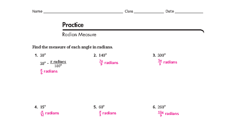 A2 Practice 14-2: Radian Measure and Angle Values - Studocu