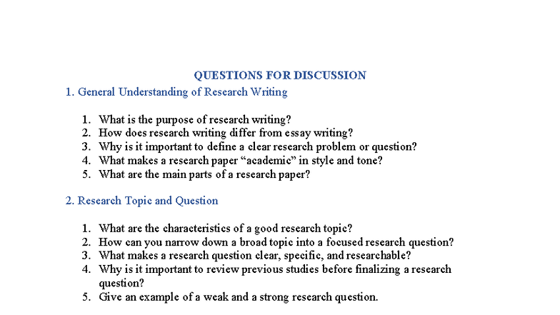 Research Writing Discussion Questions and Key Insights - Studocu