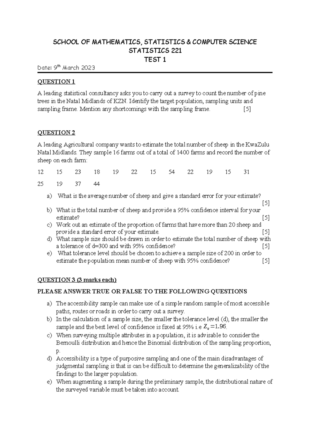 Stat 221 Test 1 2023: Survey Methods & Sampling Techniques - Studocu