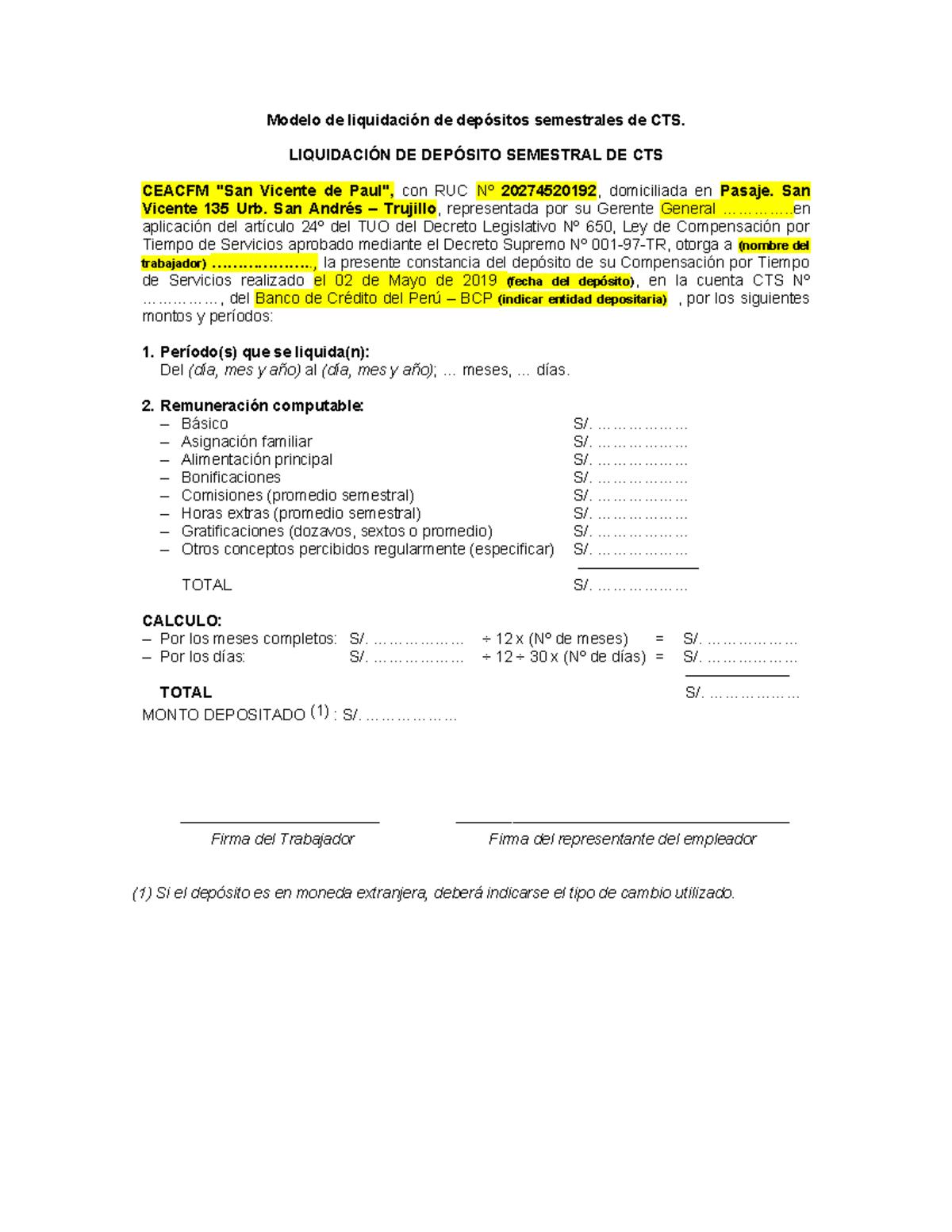 Modelo de Liquidacion Semestral CTS - Modelo de liquidación de depósitos semestrales de CTS ...