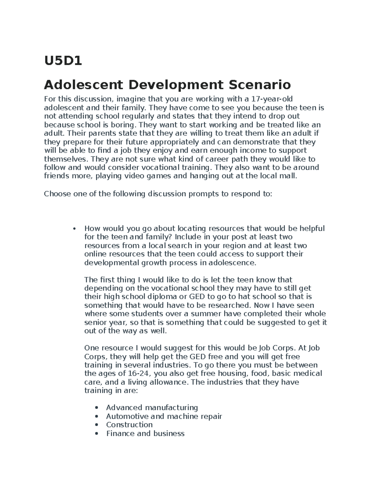 COUN5002 Week 5 D - Adolescent Development Resources Discussion - Studocu