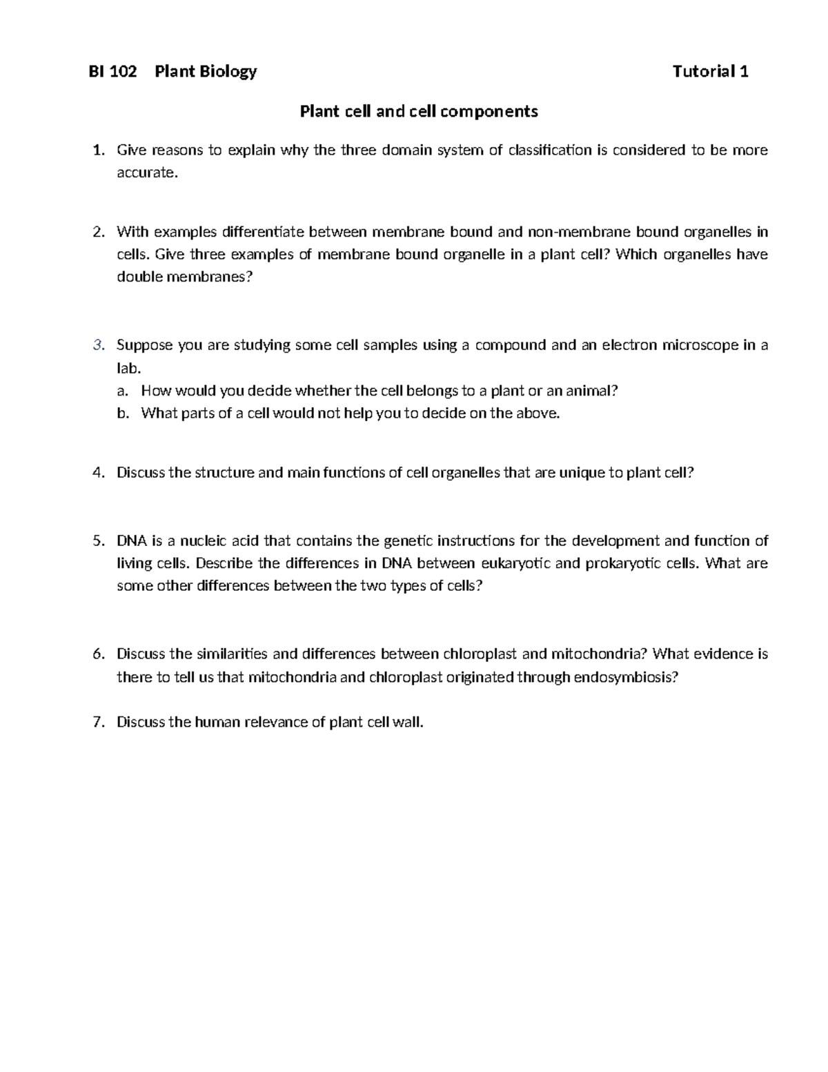 BI102 Tutorial 1: Key Questions on Plant Cell Biology - Studocu