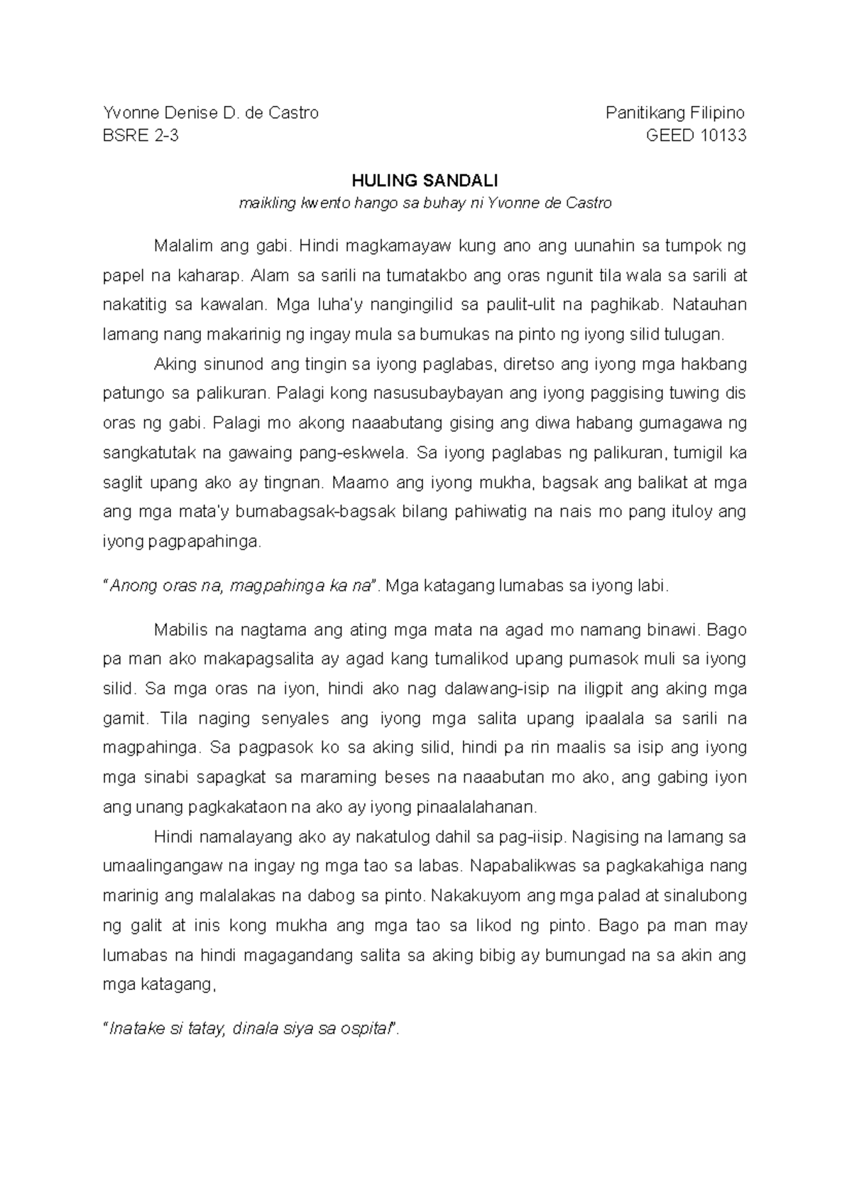 BSRE GEED 10133: Huling Sandali - Maikling Kwento ni Yvonne de Castro ...