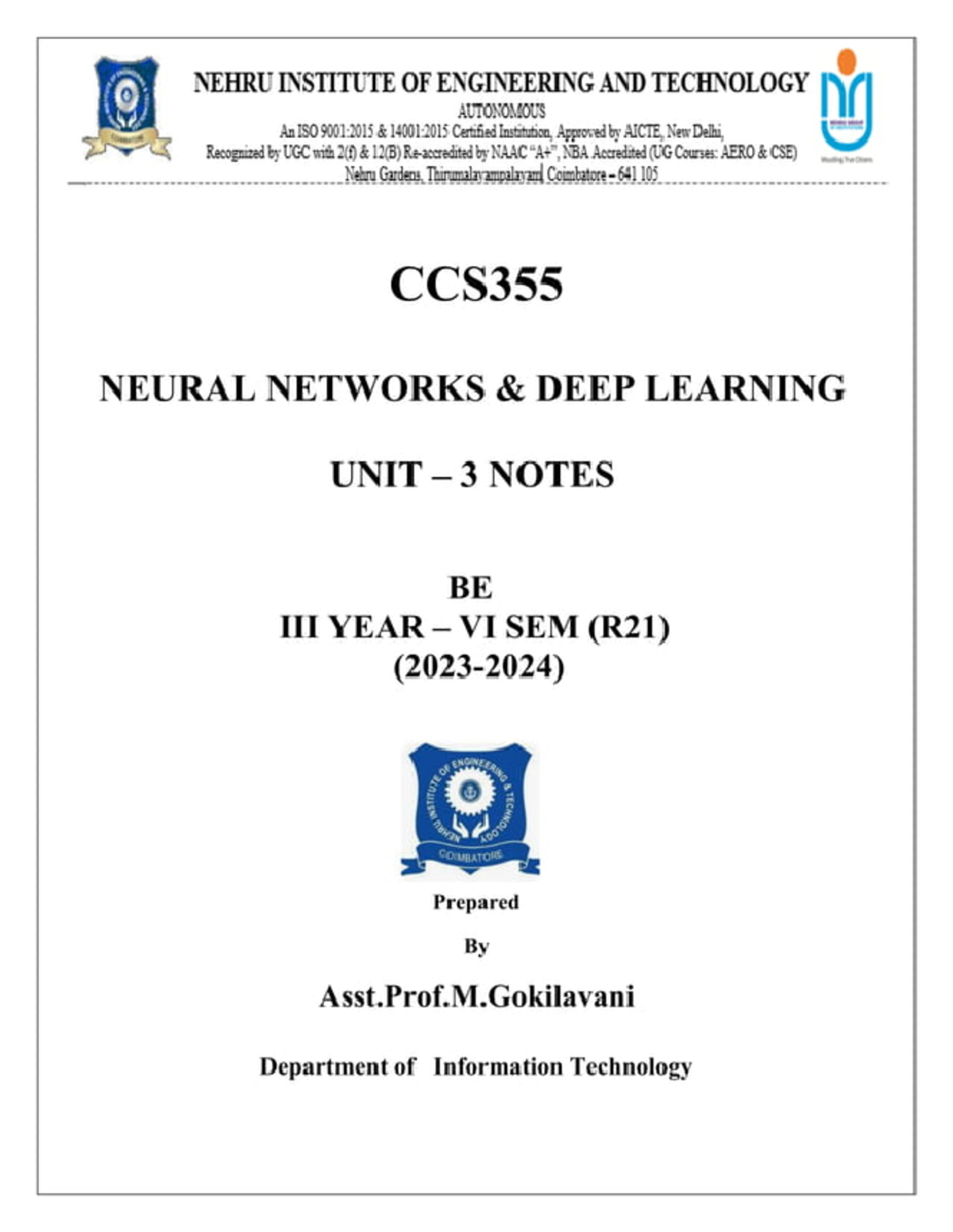 CCS355 Neural Networks & Deep Learning Unit 3 Practice Notes - Studocu