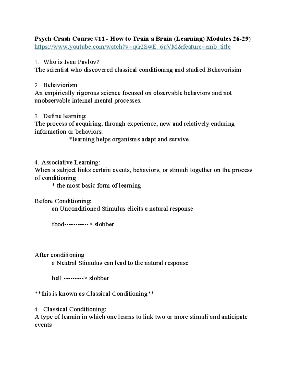 Psych 101: Crash Course #11 - Learning & Behaviorism Overview - Studocu